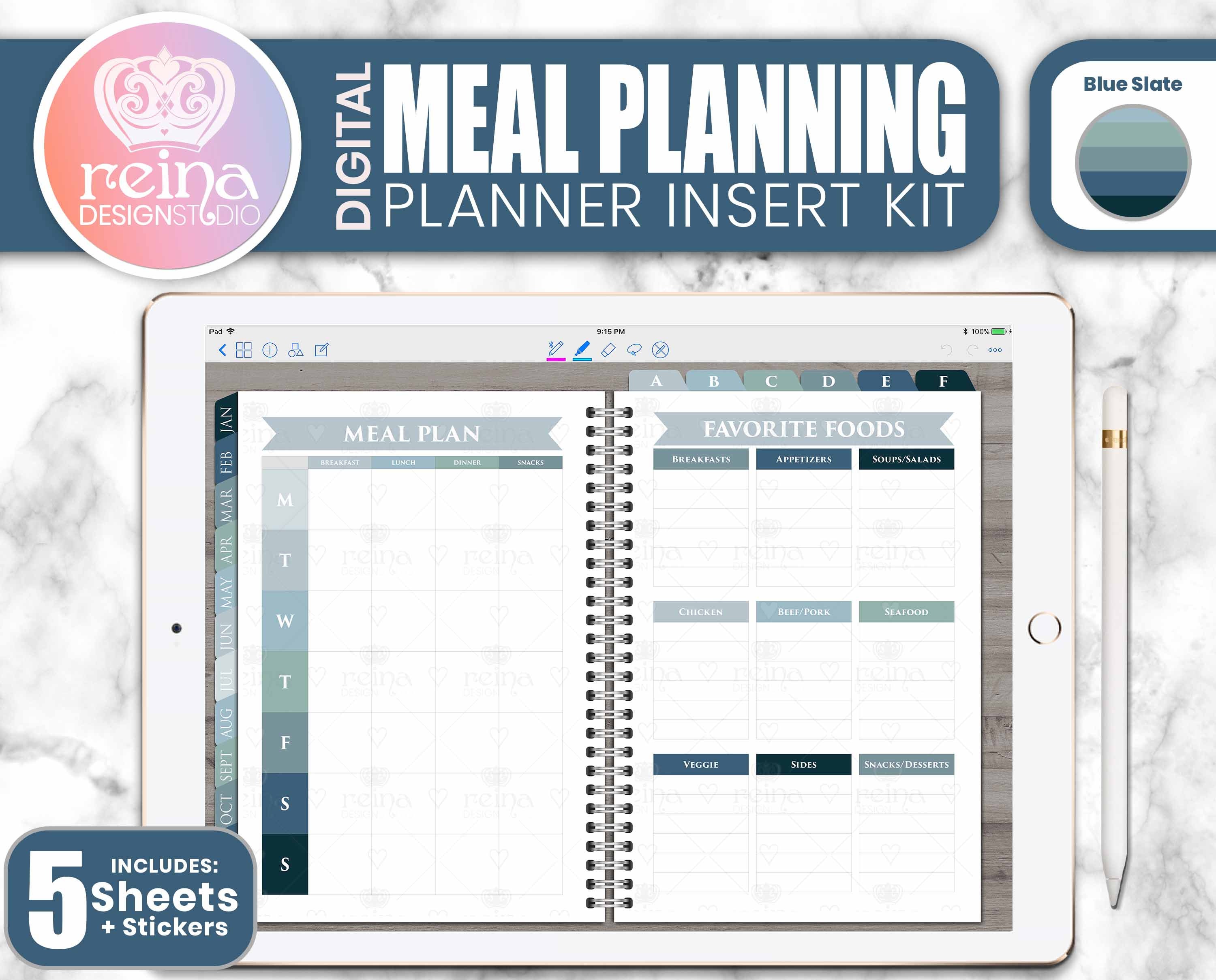 Meal Planning Digital Planner Insert Kit Blue Slate - Etsy