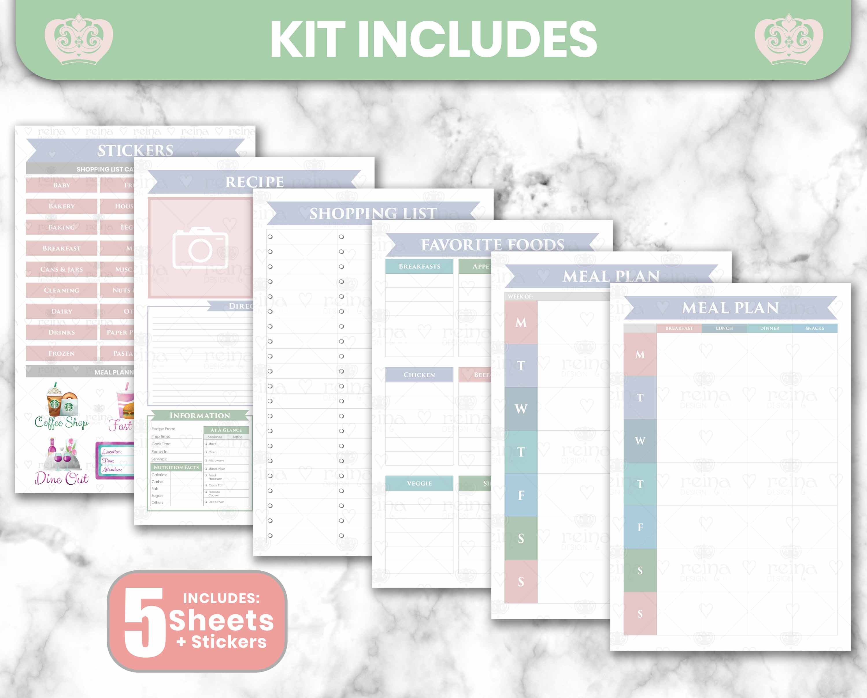 Meal Planning Digital Planner Insert Kit | Sea Breeze - Etsy