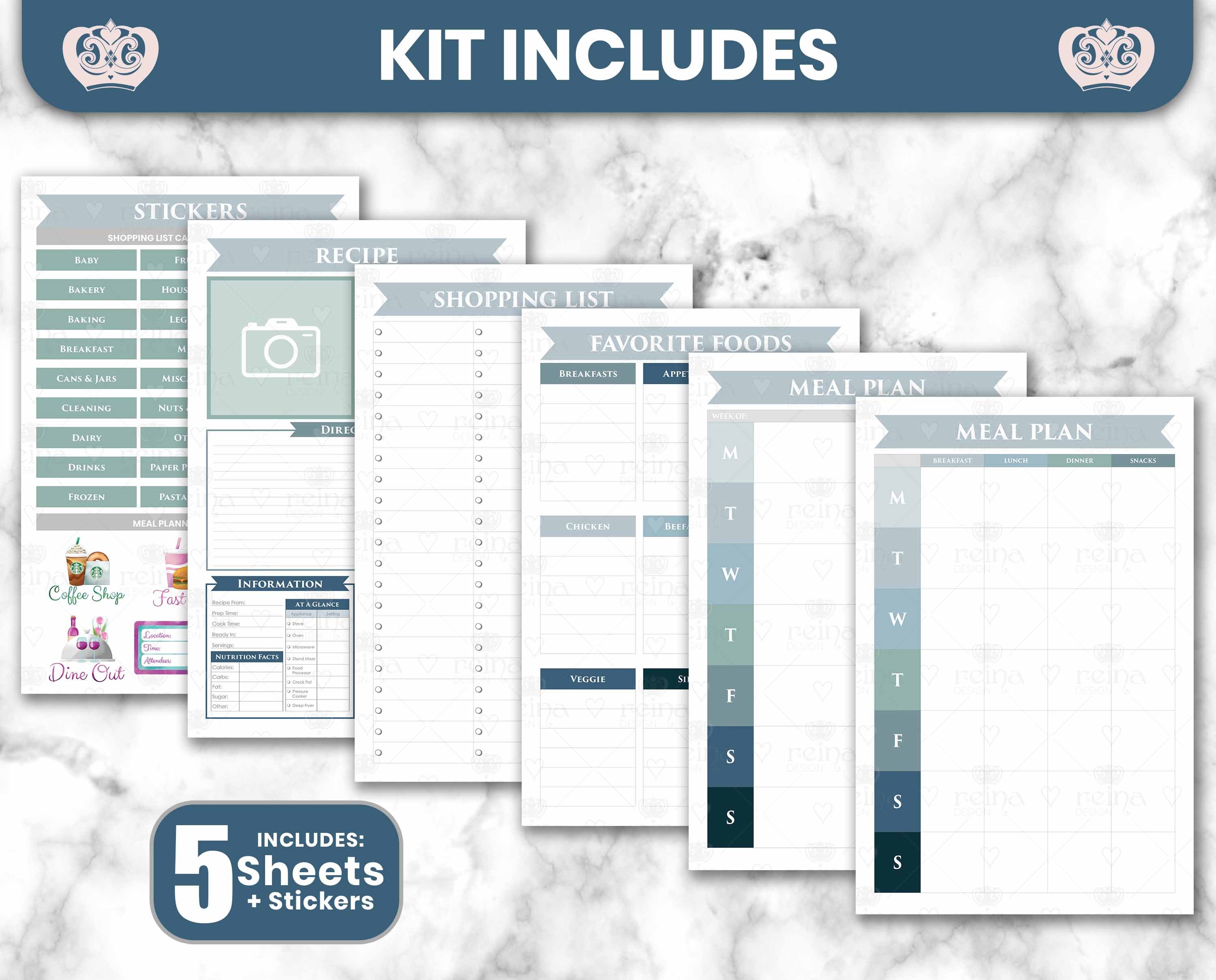 Meal Planning Digital Planner Insert Kit Blue Slate - Etsy