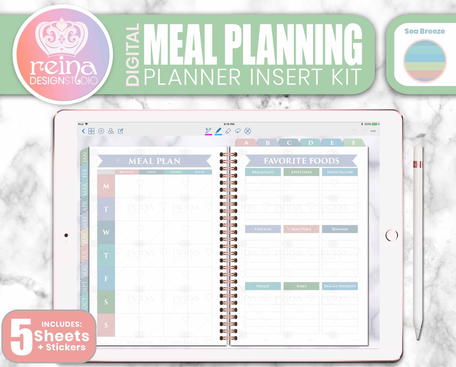 Meal Planning Digital Planner Insert Kit Sea Breeze - Etsy