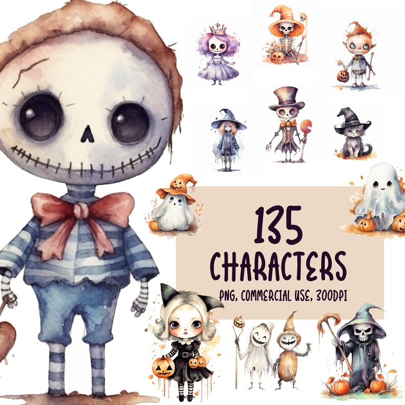 135 Cute Halloween Character Clipart, Watercolor Halloween Clipart ...