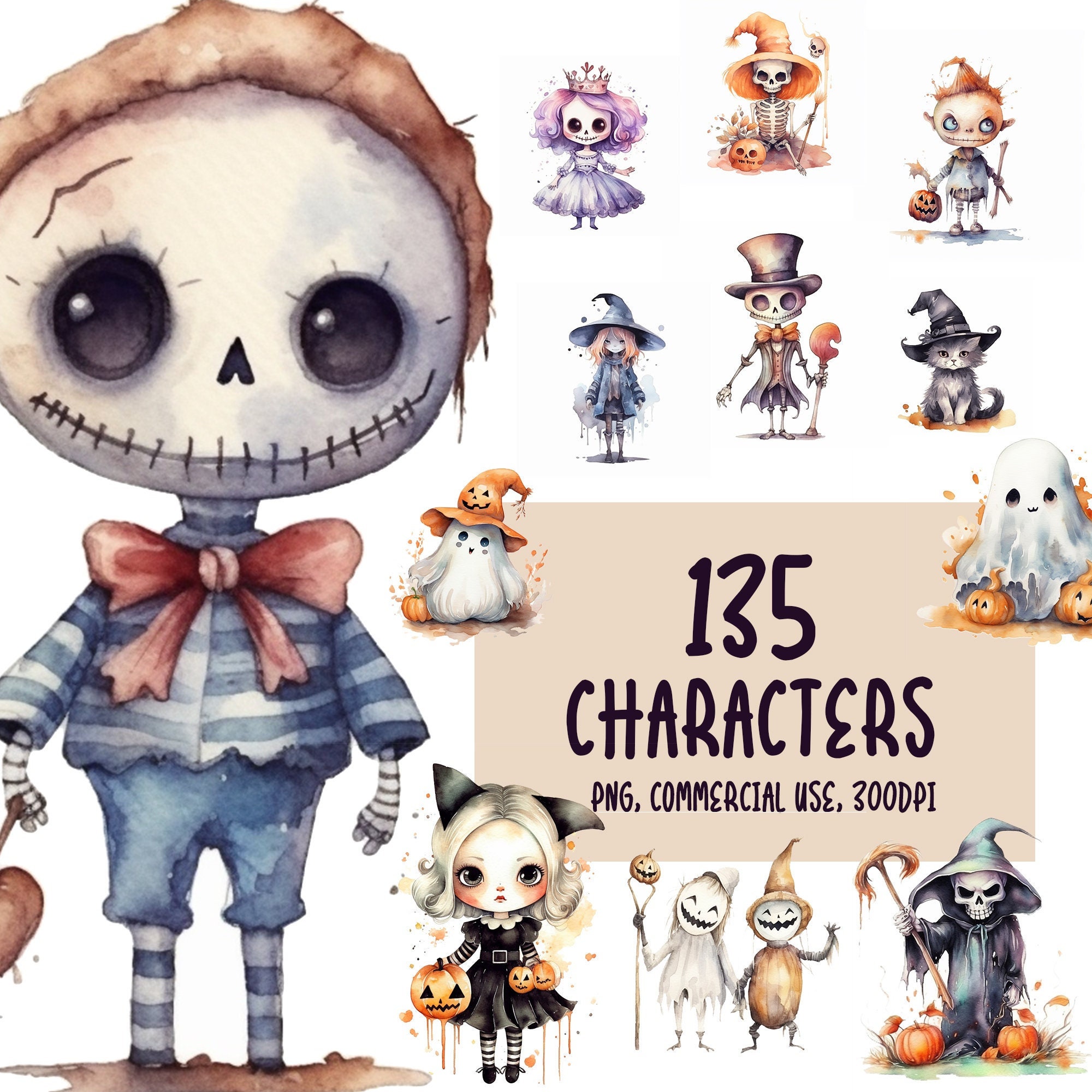 135 Cute Halloween Character Clipart, Watercolor Halloween Clipart ...