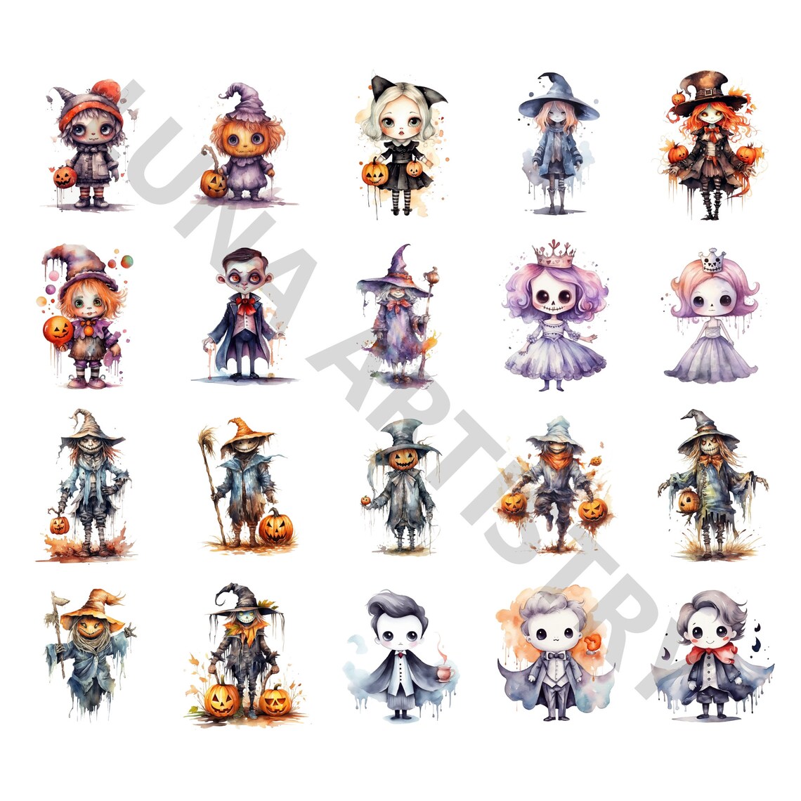 135 Cute Halloween Character Clipart, Watercolor Halloween Clipart ...