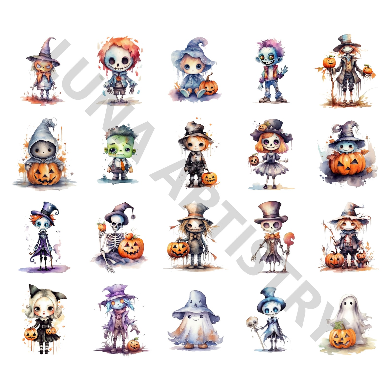 135 Cute Halloween Character Clipart, Watercolor Halloween Clipart ...
