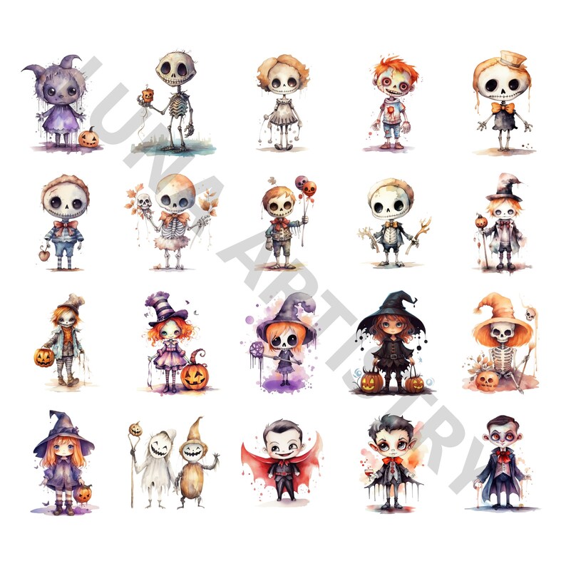 135 Cute Halloween Character Clipart, Watercolor Halloween Clipart ...