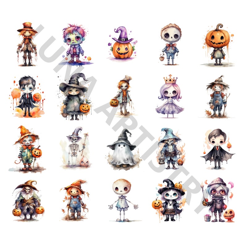 135 Cute Halloween Character Clipart, Watercolor Halloween Clipart ...