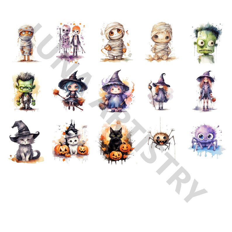 135 Cute Halloween Character Clipart, Watercolor Halloween Clipart ...