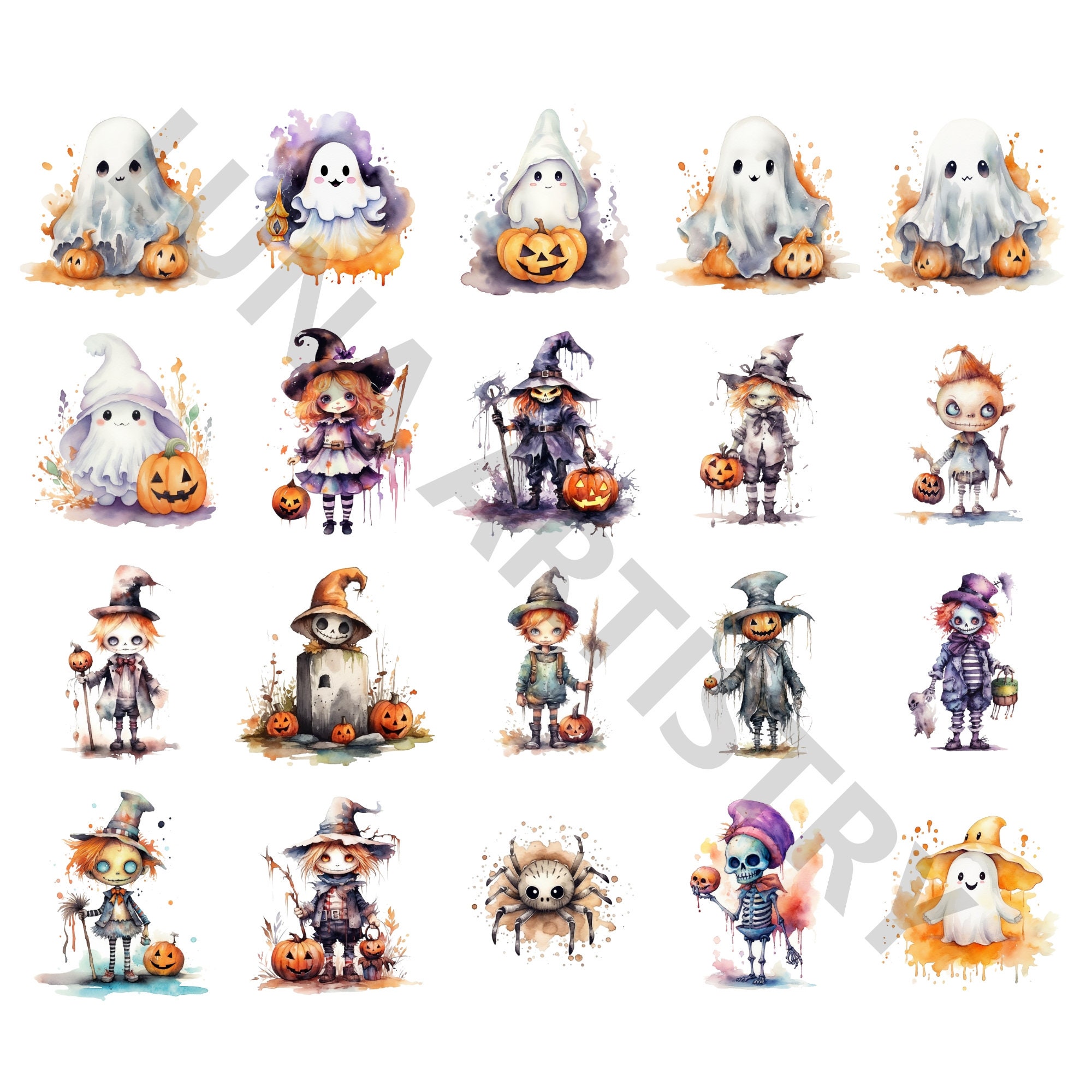 135 Cute Halloween Character Clipart, Watercolor Halloween Clipart ...