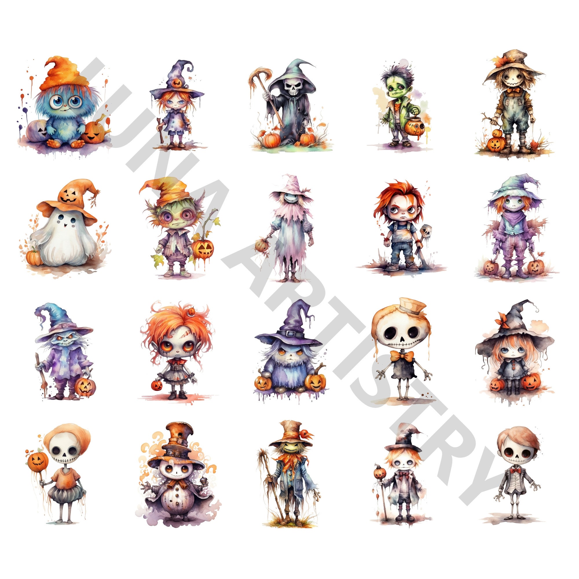 135 Cute Halloween Character Clipart, Watercolor Halloween Clipart ...