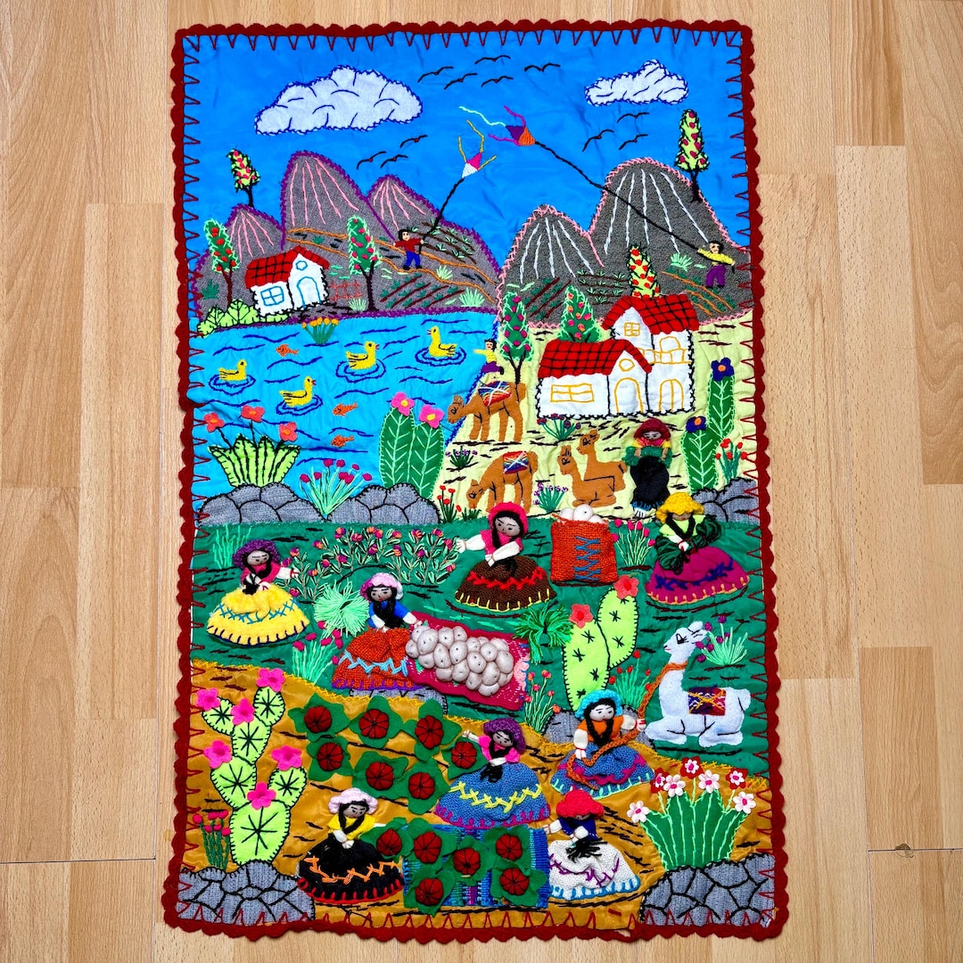 Peruvian Wall Tapestry – 3D Boho Arpillera Wall Quilt, Embroidered ...