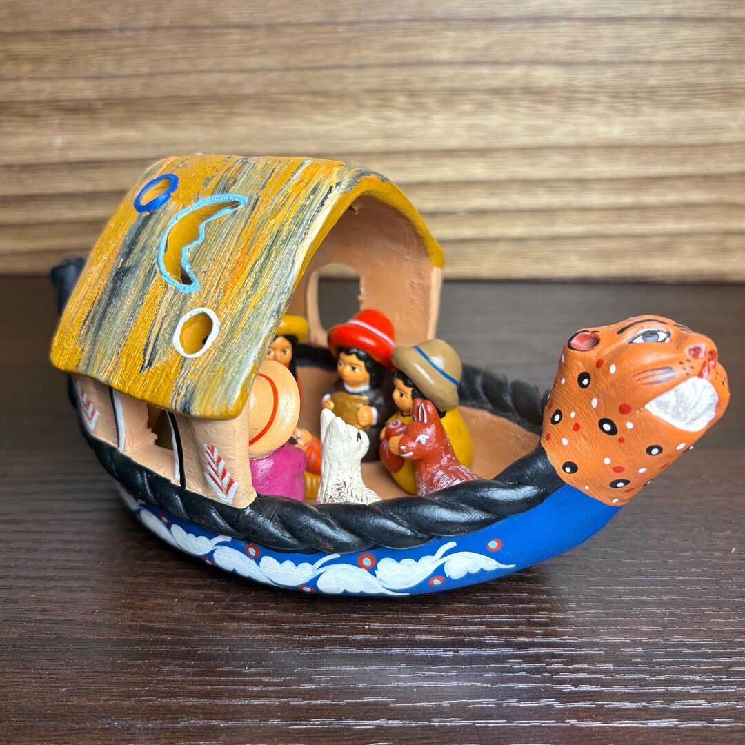 Handmade Peruvian Clay Nativity Scene in Jaguar Canoe: Folk Art ...