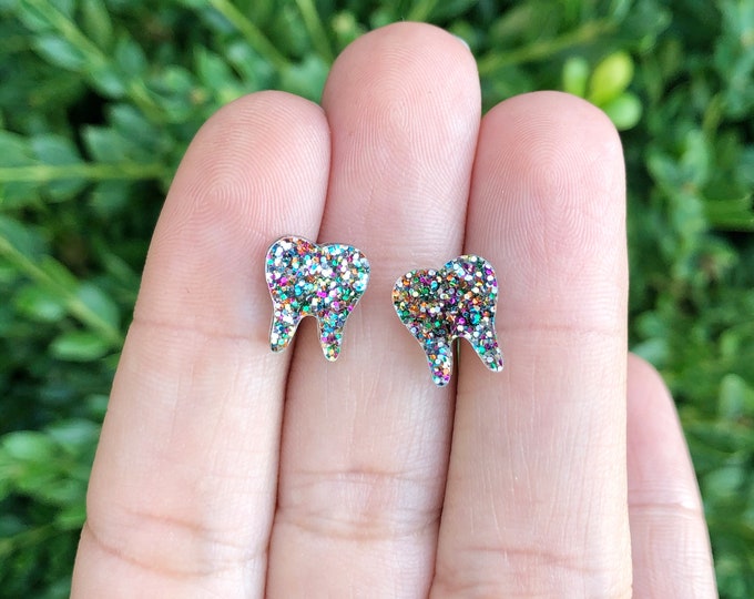 Tooth Stud Earrings, Dental Gift, Confetti Sparkle Molar Post Earring ...