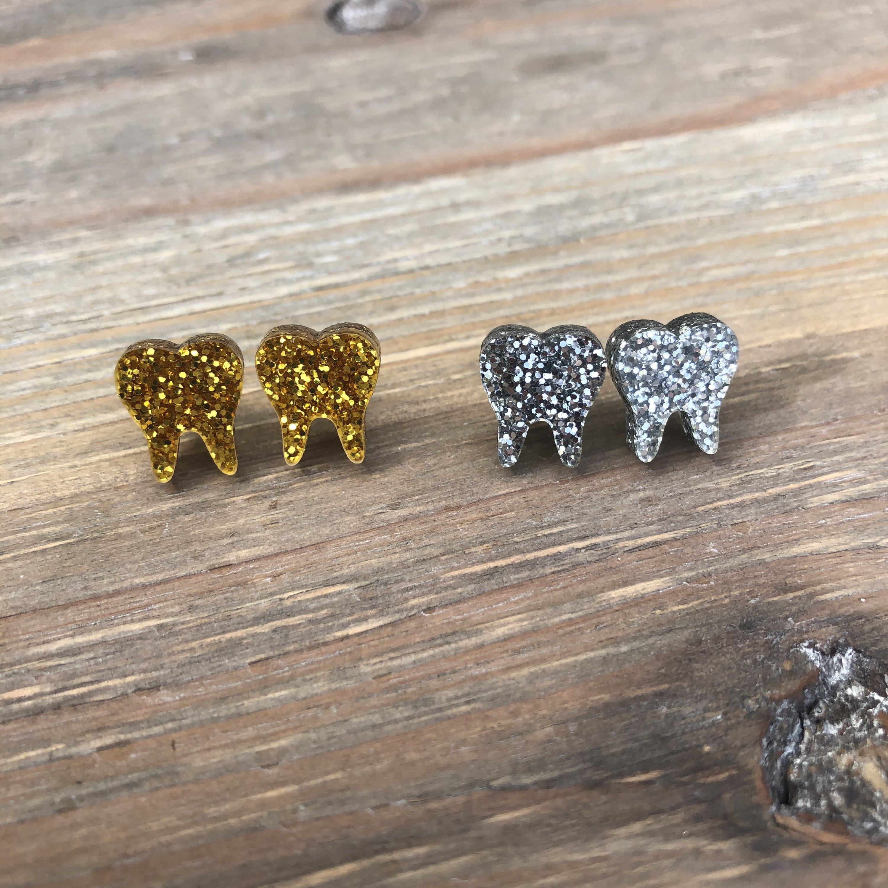 Tooth Stud Earrings Glitter Silver or Gold Earrings Dental - Etsy