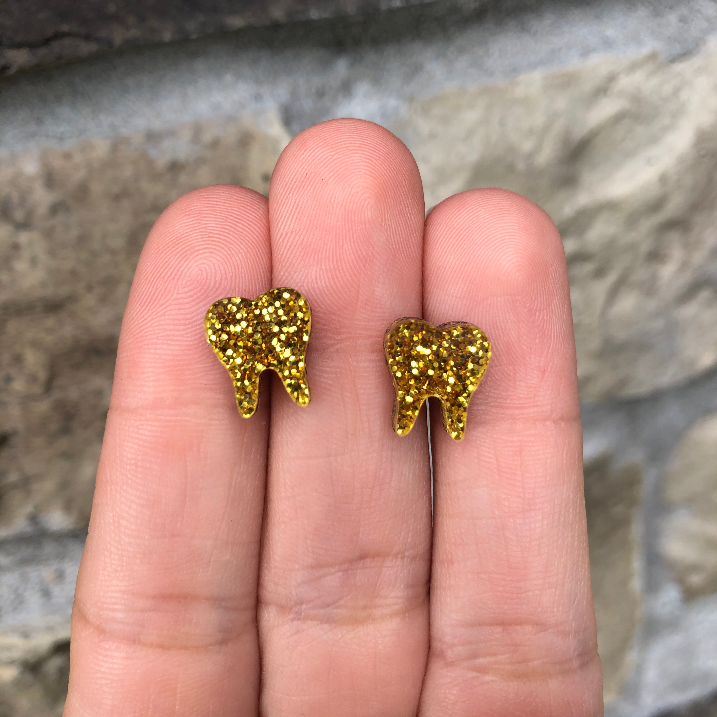 Tooth Stud Earrings Glitter Silver or Gold Earrings Dental - Etsy