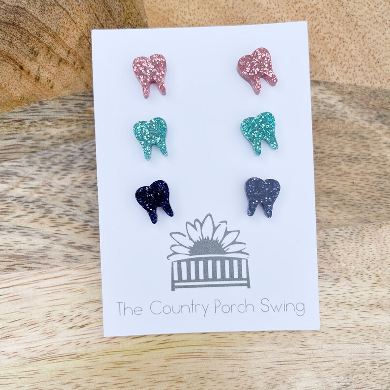 Tooth Stud Earrings Pack of 3 Mix and Match Glitter Dental | Etsy