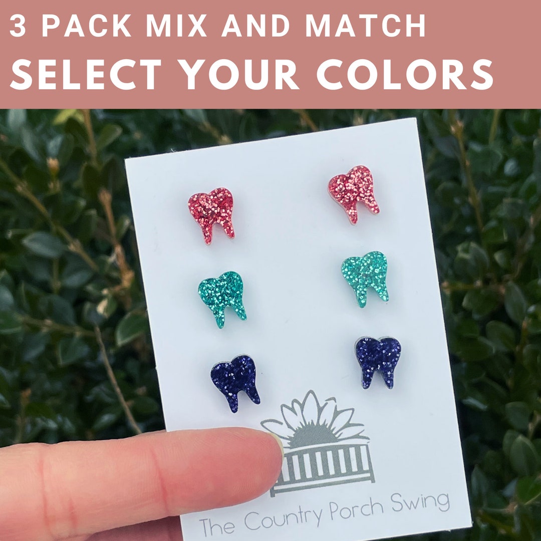 Tooth Stud Earrings Pack of 3, Mix and Match, Glitter Dental Stud ...