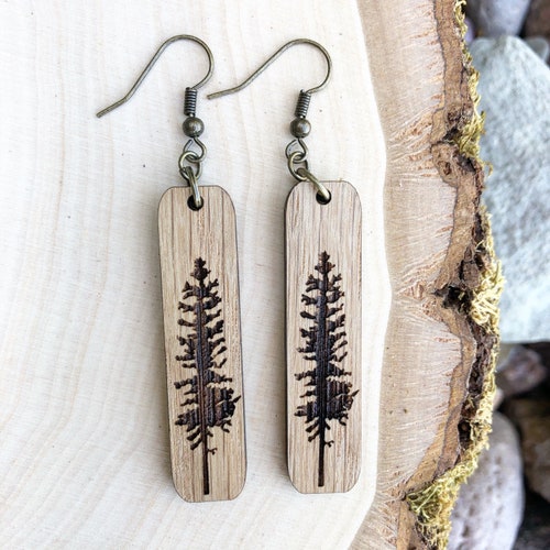 Wooden Dangle Earrings Slope Spruce Tree Laser Cut Jewelry - Etsy