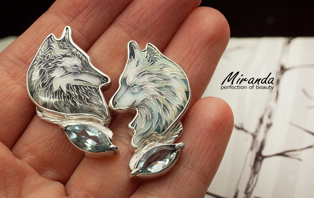 Wolves, Cloisonne Enamel Earrings, Wearable Art, One of A Kind Jewellery, Sterling Silver - Etsy