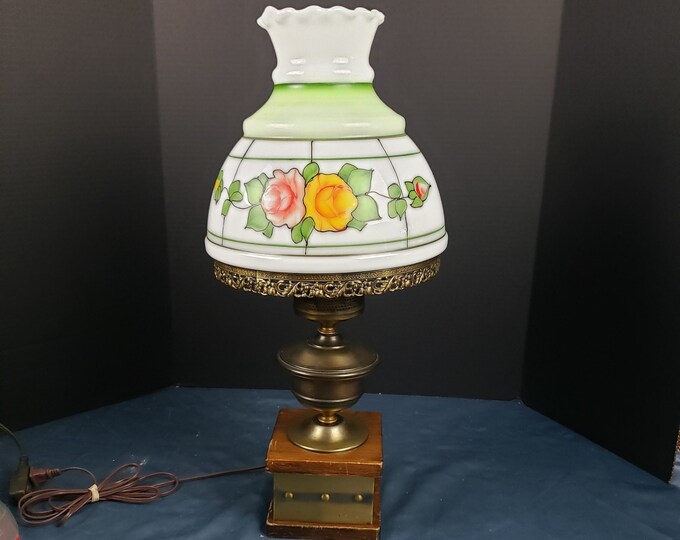 Hurricane Lamp With Hand Painted Green Shade Wood and Brass Base 24 ...