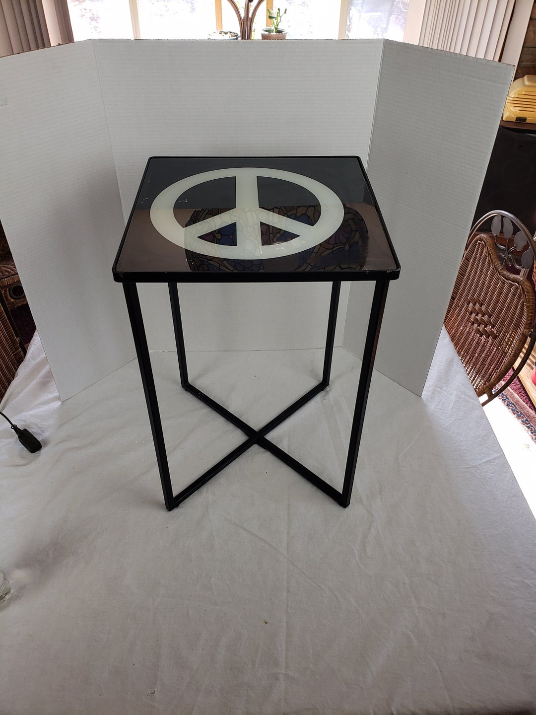 Peace Sign Metal Side Table Reverse Painted Glass End Table 21 Tall X ...