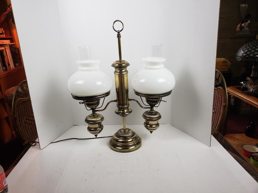 Antique 1950 Polished Brass Hurricane Lamp With Dual Milk Glass Shades ...