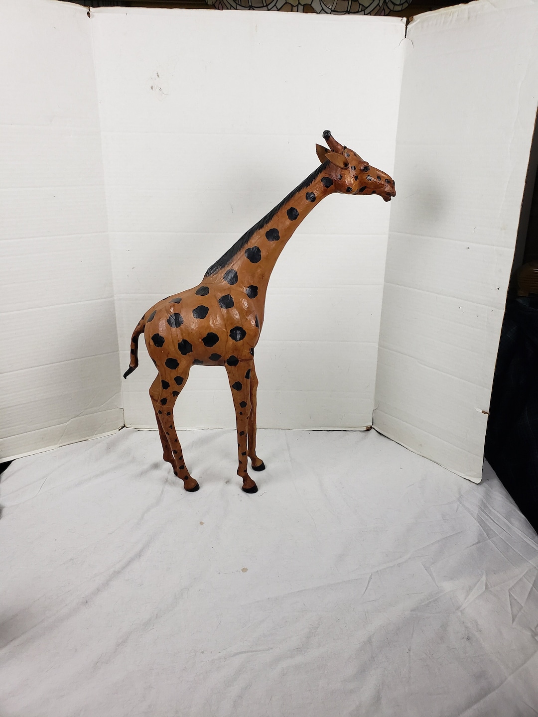 Vintage Large Leather Wrapped Paper Mache Giraffe Figure Glass Eyes 27 ...