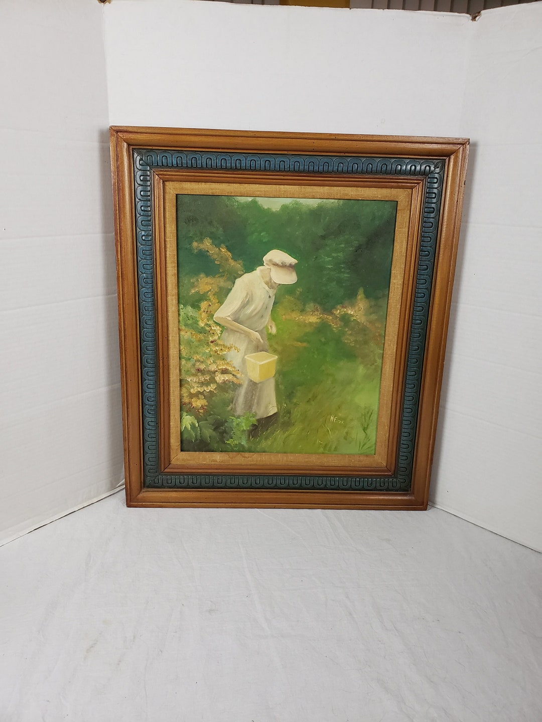H. Foster Framed Pastel Woman With Basket Signed Oil Painting 28.5" X ...