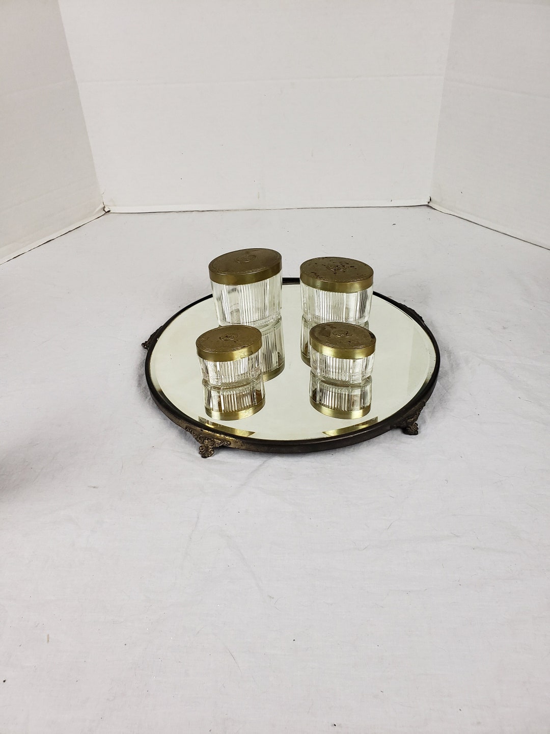 Antique Cut Crystal Glass 9-piece Vanity Set Brass Covers and 14 ...