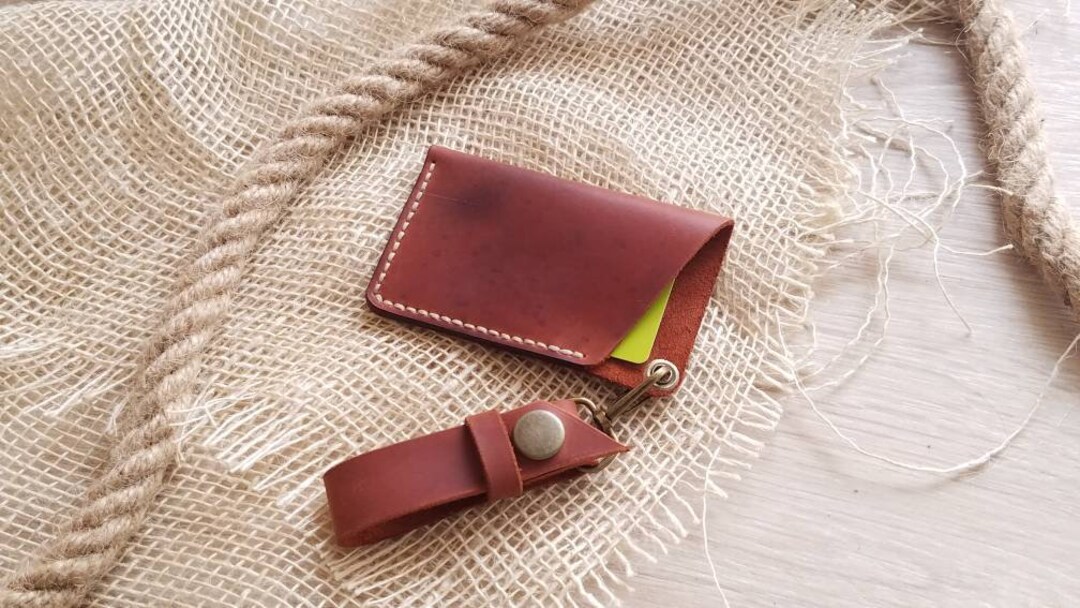 Card Wallet With Keychain Leather Cardholder Keyring Minimalist Wallet ...