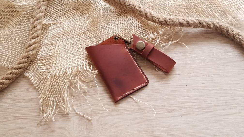 Card Wallet With Keychain Leather Cardholder Keyring Minimalist Wallet ...