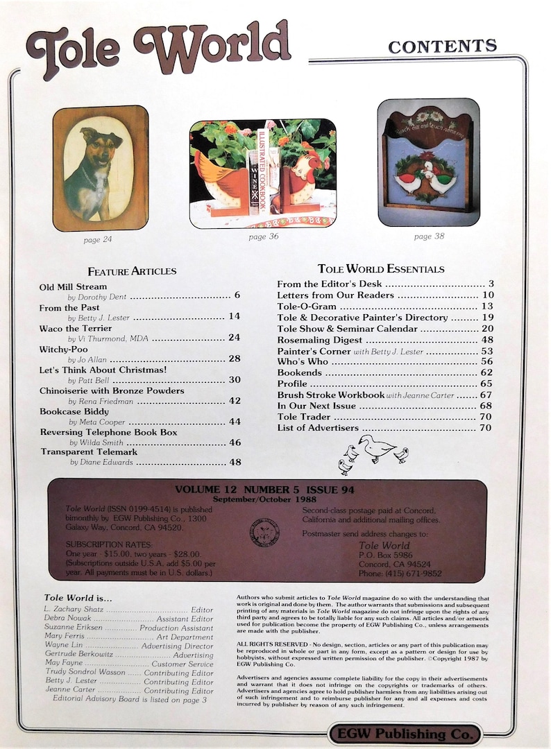 Tole World Sept./oct. 1988, Patterns for Acrylics, Oils, Rosemaling ...