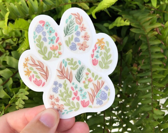 Clear Floral Paw Print Sticker, Dog Lover Sticker, Boho Paw Print ...