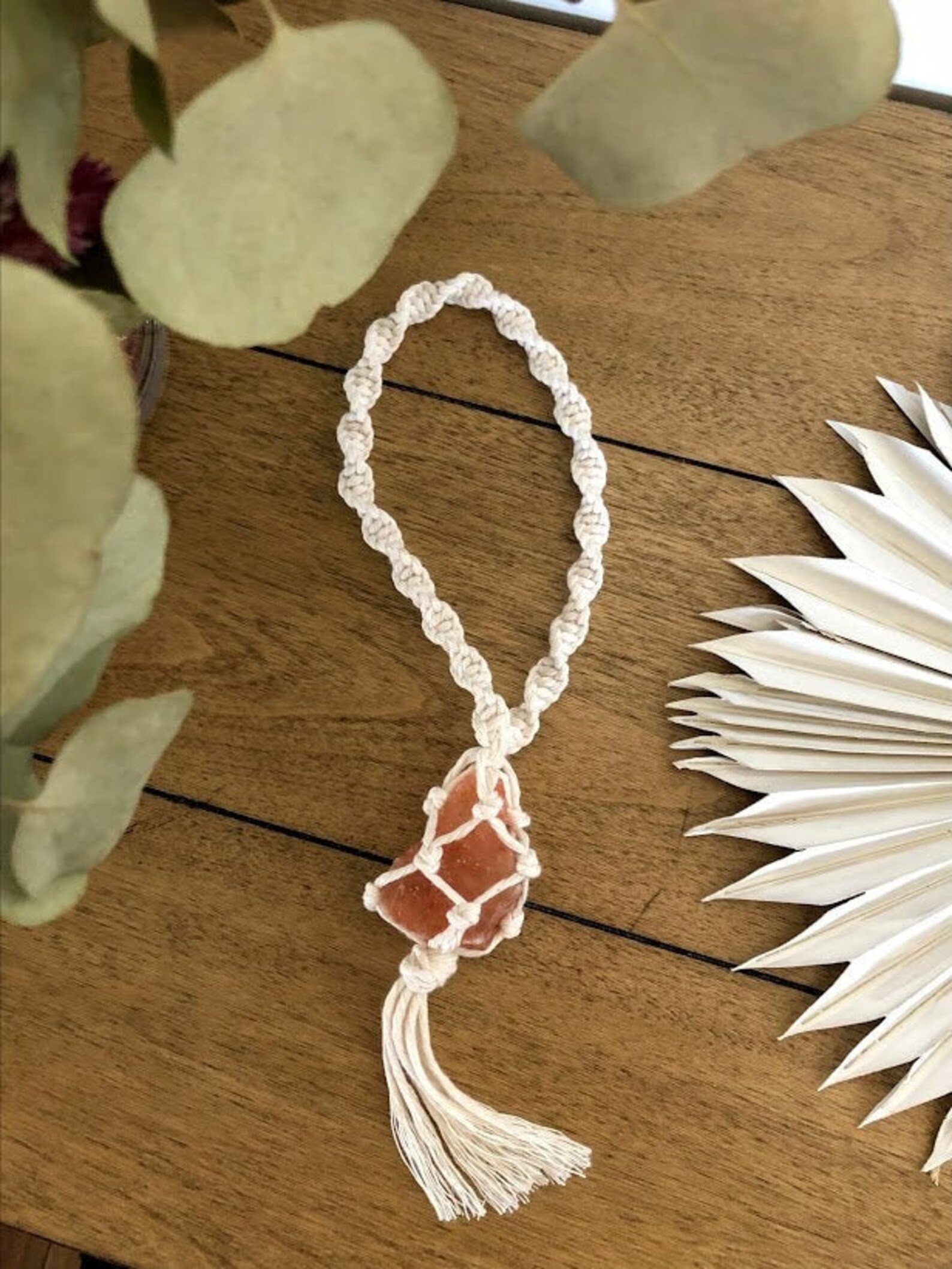 Macramé Car Charm with Himalayan Salt Rock Rearview Mirror | Etsy