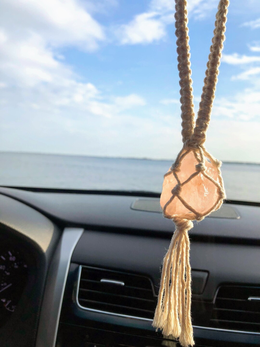 Macramé Car Charm With Himalayan Salt Rock, Rearview Mirror Hanger ...