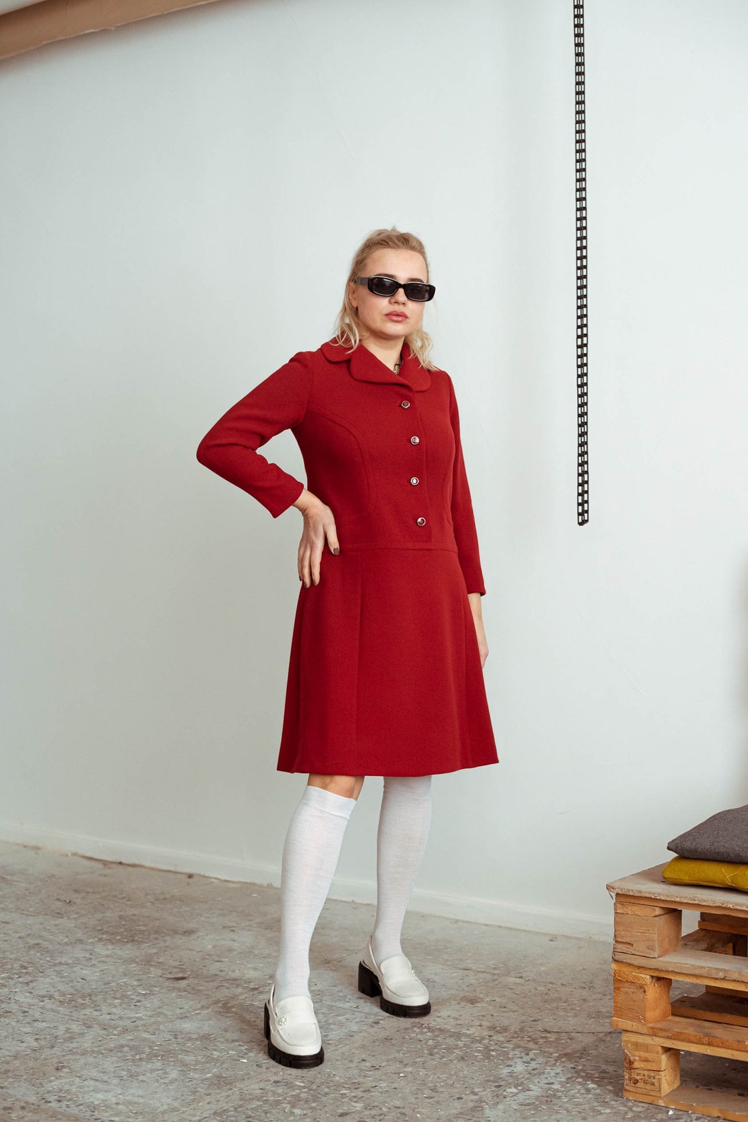 Vintage 60s Winter Secretary Button up Midi Dress in Red S - Etsy