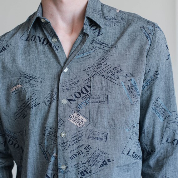 Vintage 90s London Newspaper Print Button Up Men Shir… - Gem