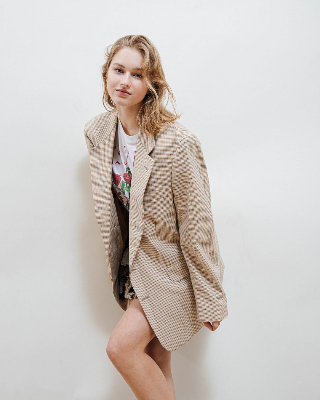 Vintage 80s Preppy Beige Check Slim Fit Boyfriend Blazer L - Etsy
