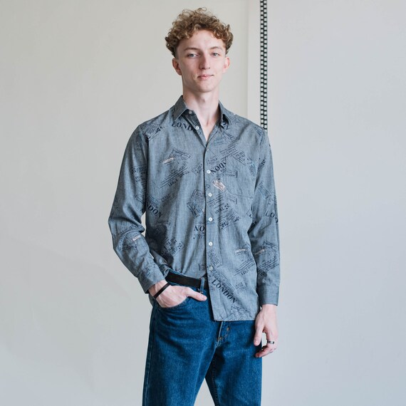 Vintage 90s London Newspaper Print Button Up Men Shir… - Gem