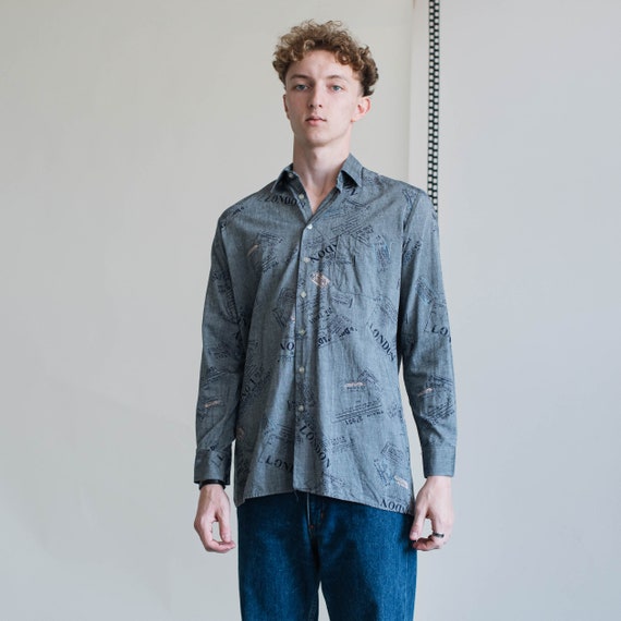 Vintage 90s London Newspaper Print Button Up Men Shir… - Gem