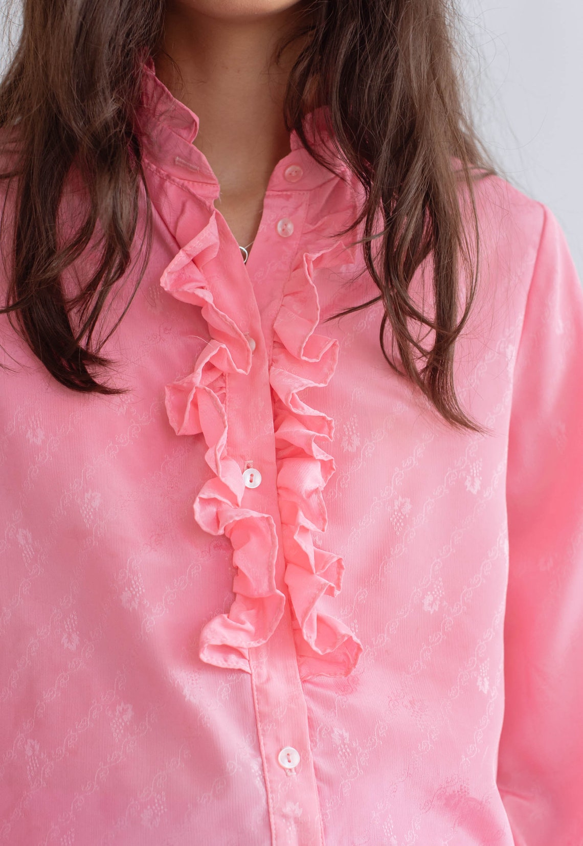 Vintage Long Sleeve Frill Collar Detail Blouse in Pink XS | Etsy