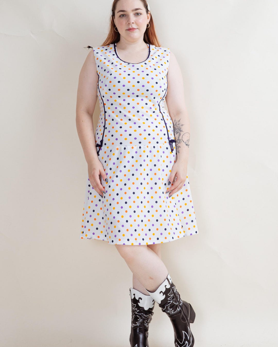 Vintage 70s Diolen Loft Roundneck Midi Dress, Sleeveless Polka Dot ...