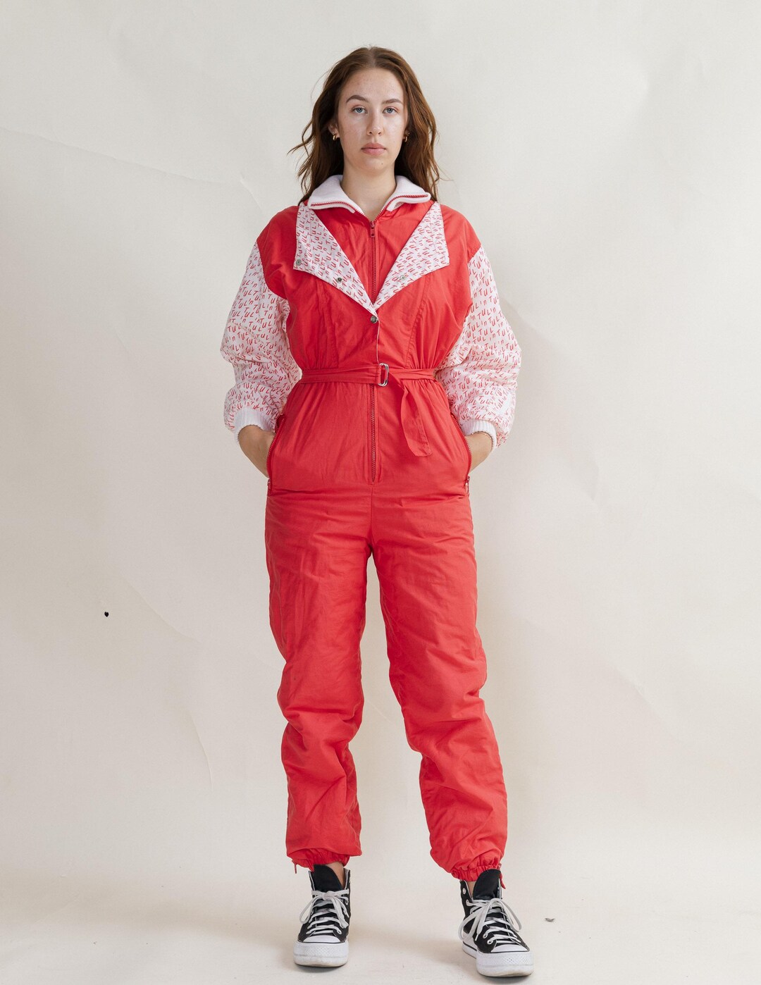 Vintage 80s Funky Red Full Ski Suit Women, Full Red&white Snow Suit M ...