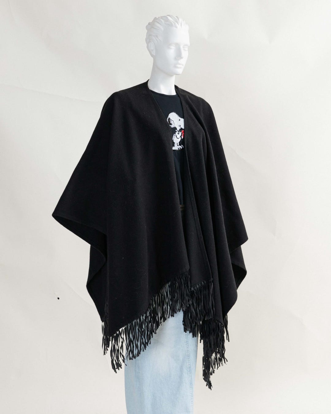 Vintage Large Black Wool Cape, Black Maxi Fringe Cover Up, Made in ...