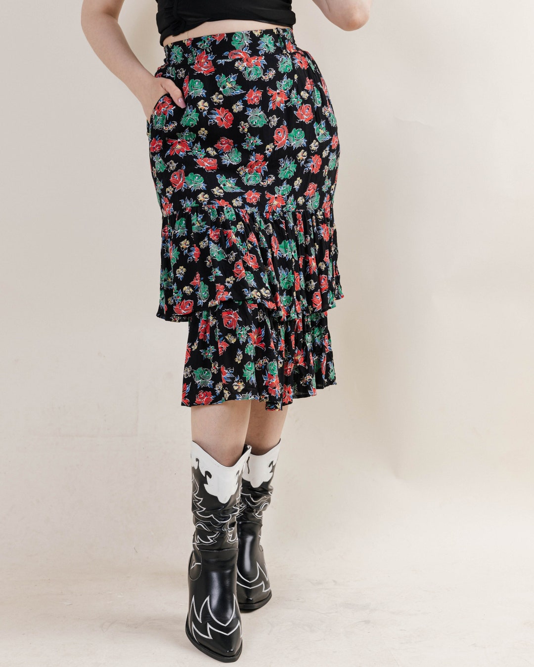 Vintage 80s High Waisted Multifloral Ruffle Layer Midi Skirt - Etsy Vintage 80s High Waisted Multifloral Ruffle Layer Midi Skirt - Etsy