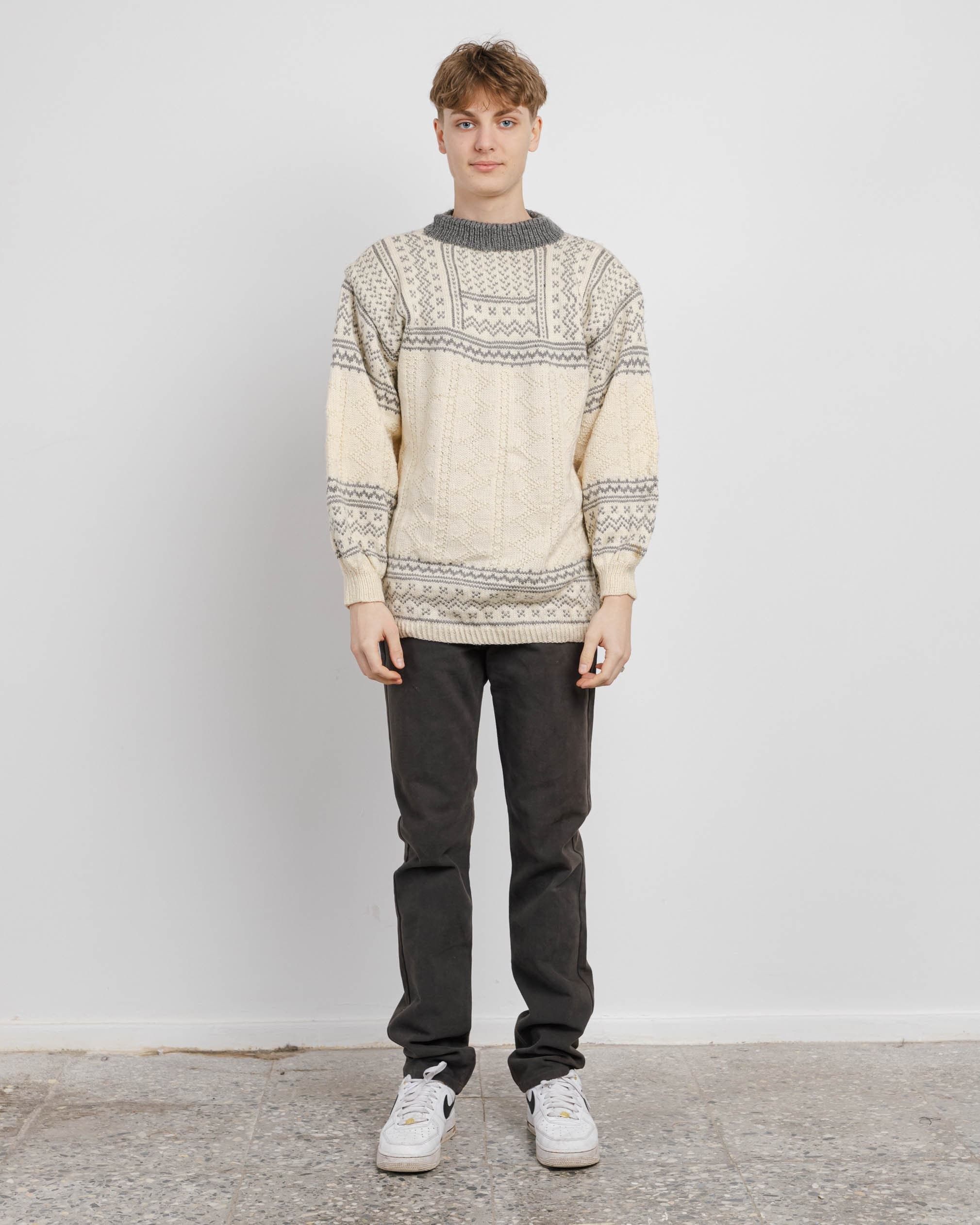 Vintage 80s Nordic Fair Isle Print Cream Handknit Jumper L - Etsy