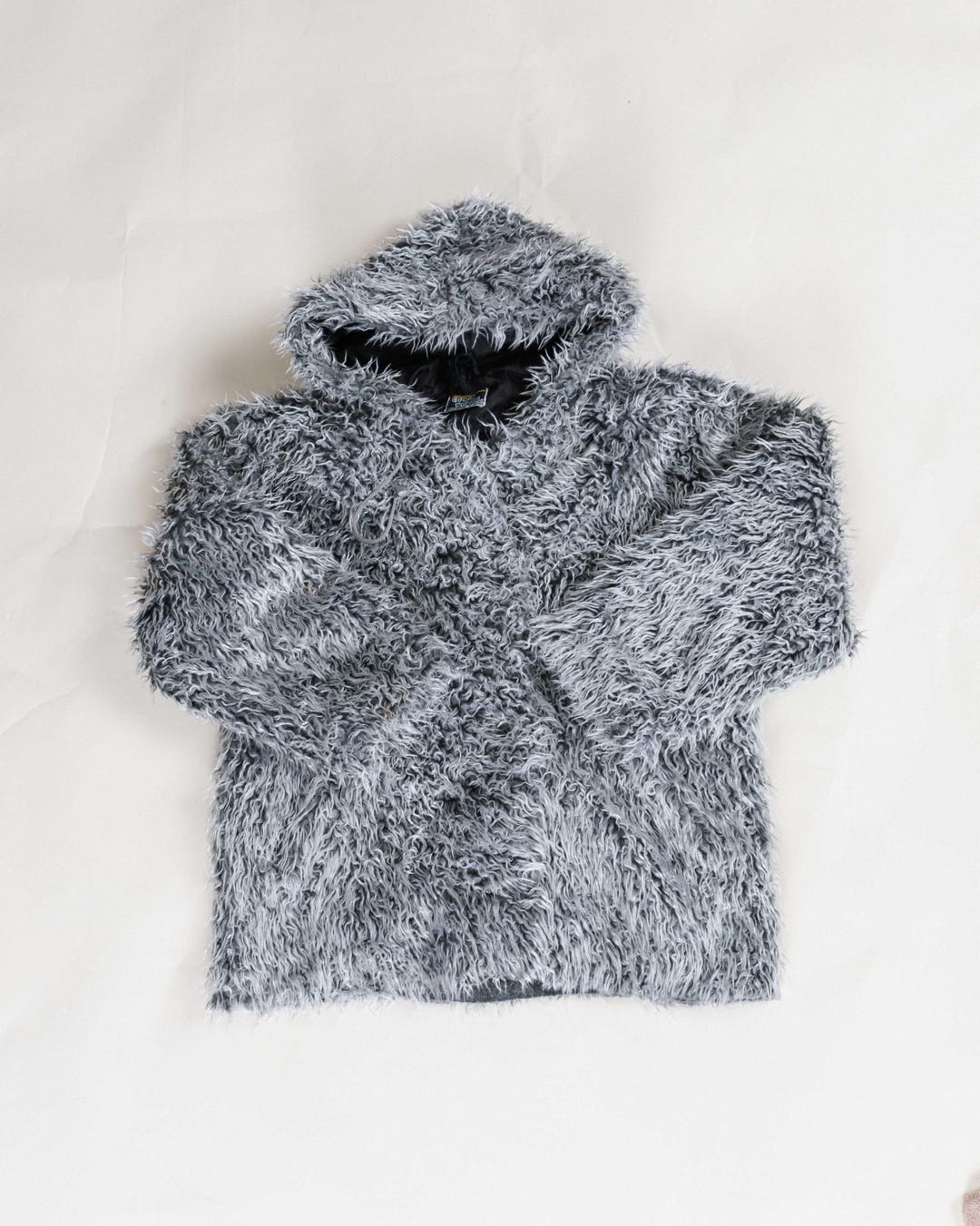 Vintage Y2k Cyber Faux Fur Coat, Gray Fuzzy Hooded Jacket, Crazy World ...
