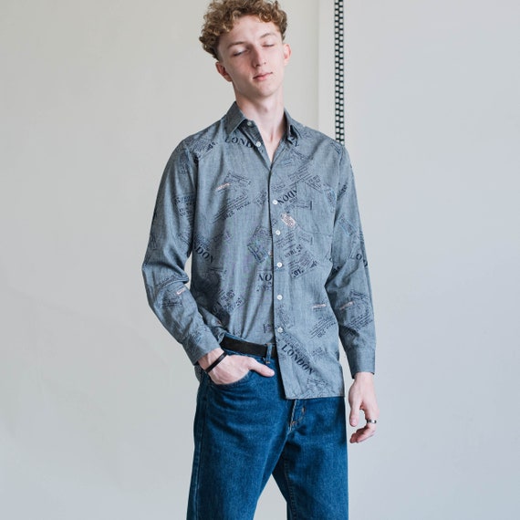 Vintage 90s London Newspaper Print Button Up Men Shir… - Gem