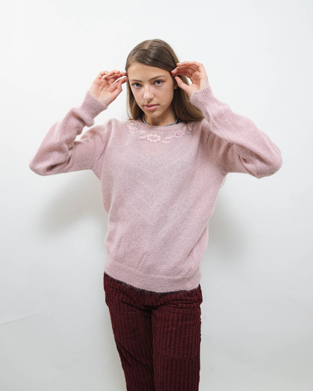 Vintage 70s Preppy Pink Embroidery Round Neck Knit Jumper M - Etsy