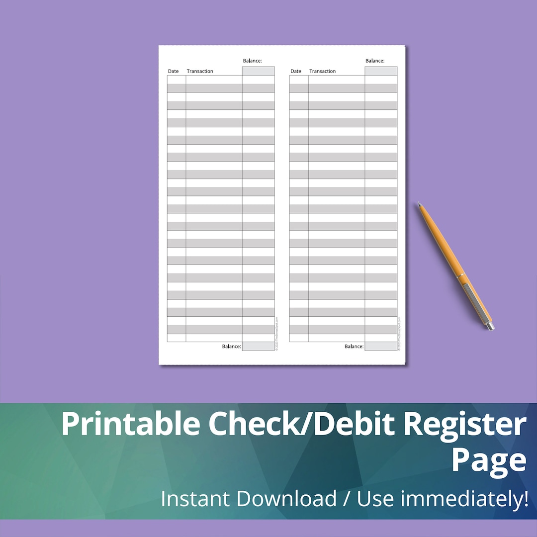 Check Debit Bank Register Printable Personal Finance Instant Download ...
