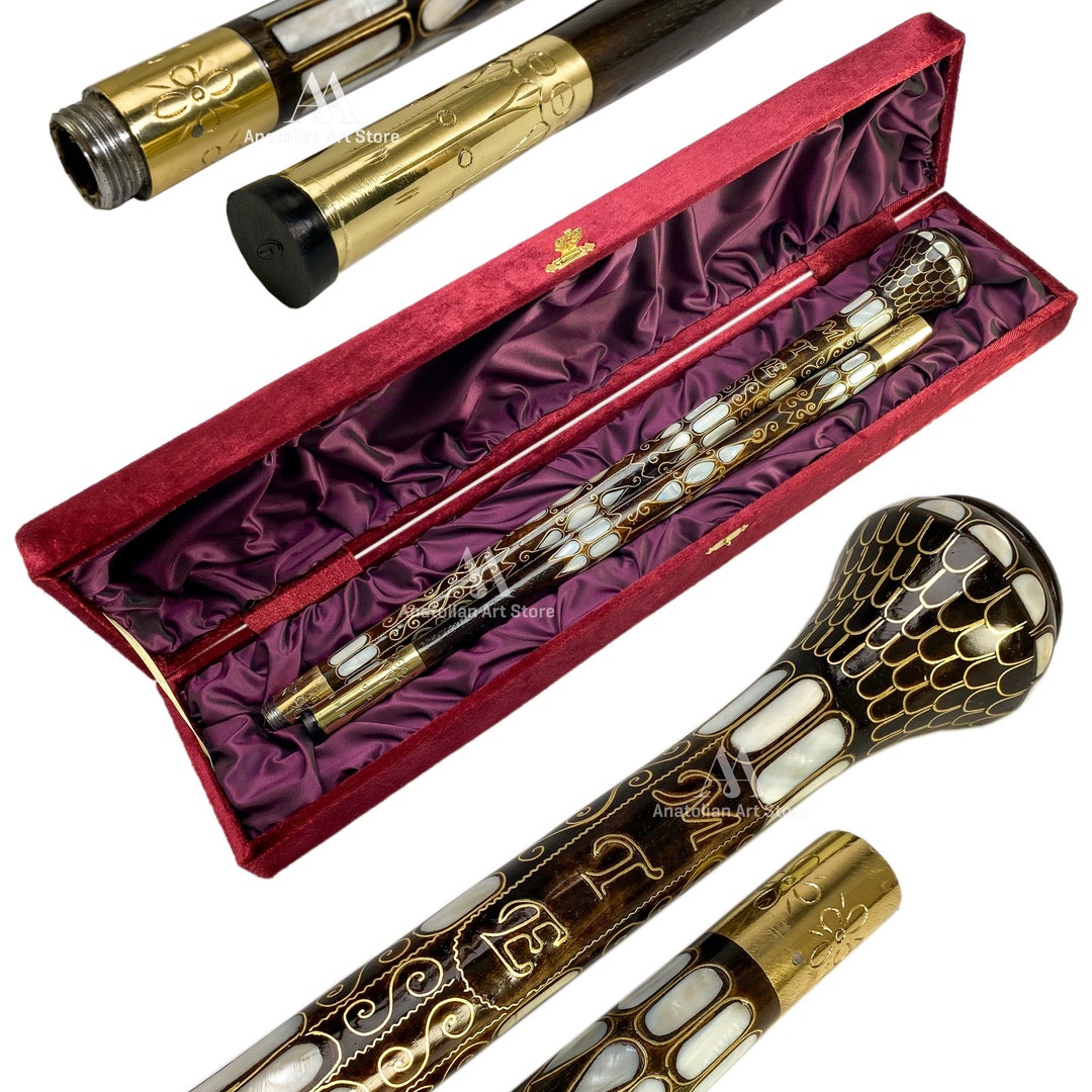 Personalized Walnut Wood Walking Cane: Mother of Pearl Inlay, Gift Box ...